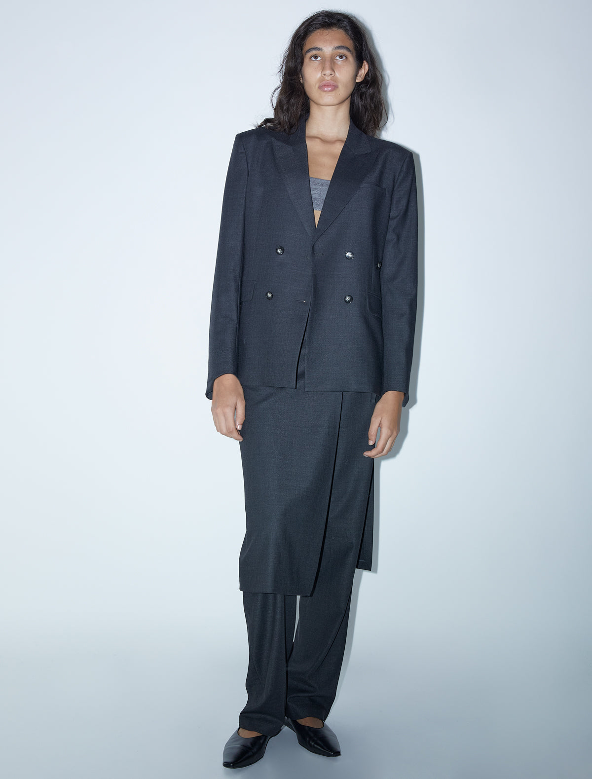 LOW ARCHIVE-Grey straight leg pants with overlapping long fixed skirt ...