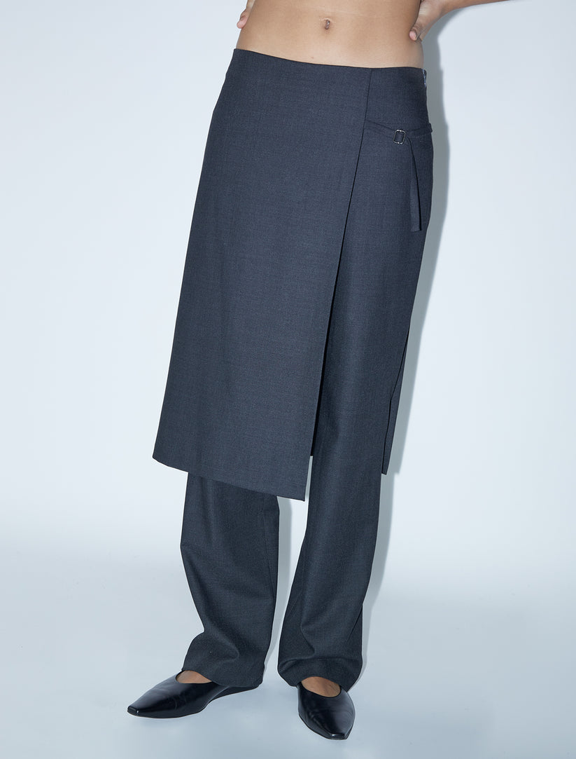 LOW ARCHIVE-Grey straight leg pants with overlapping long fixed skirt ...