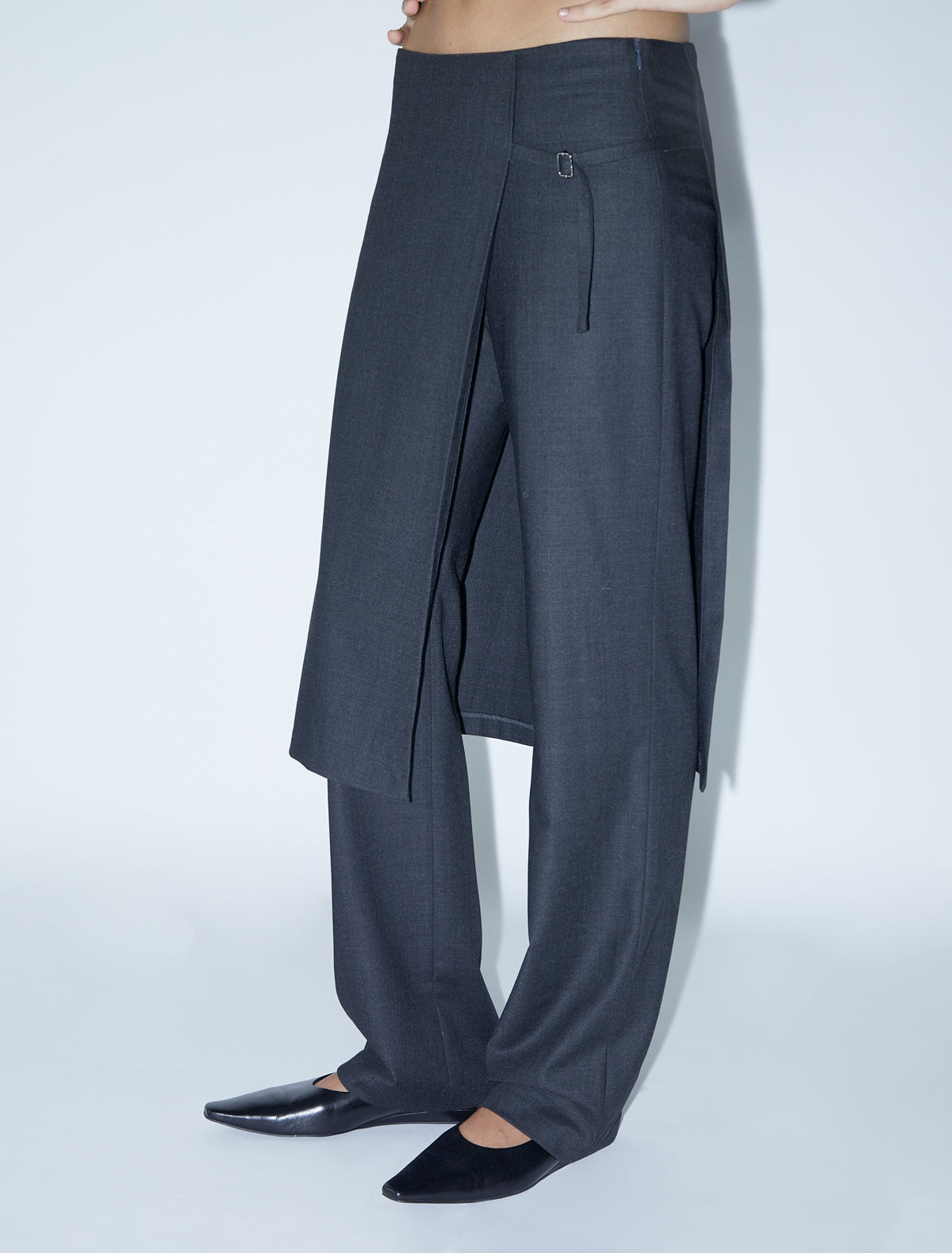 LOW ARCHIVE-Grey straight leg pants with overlapping long fixed skirt ...