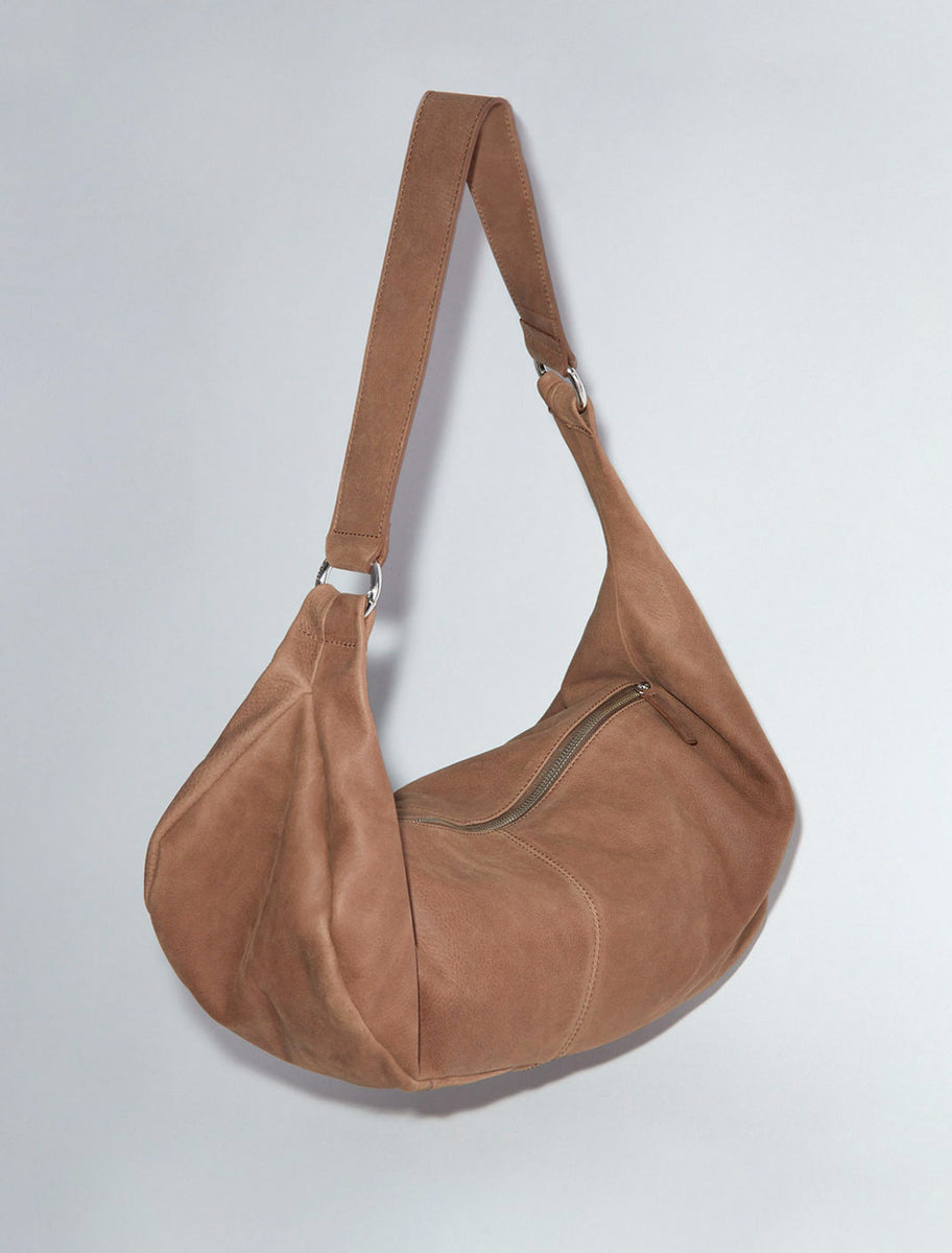 DRY-Brown elongated, wrap-around hobo-style shoulder bag