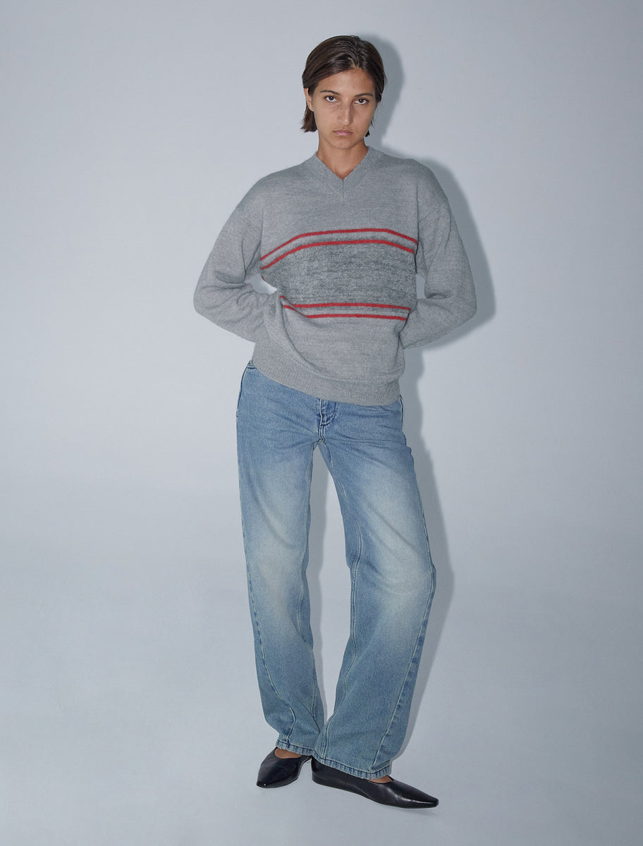 ST PAULS-School uniform-inspired v-neck sweater with stripes across the ...