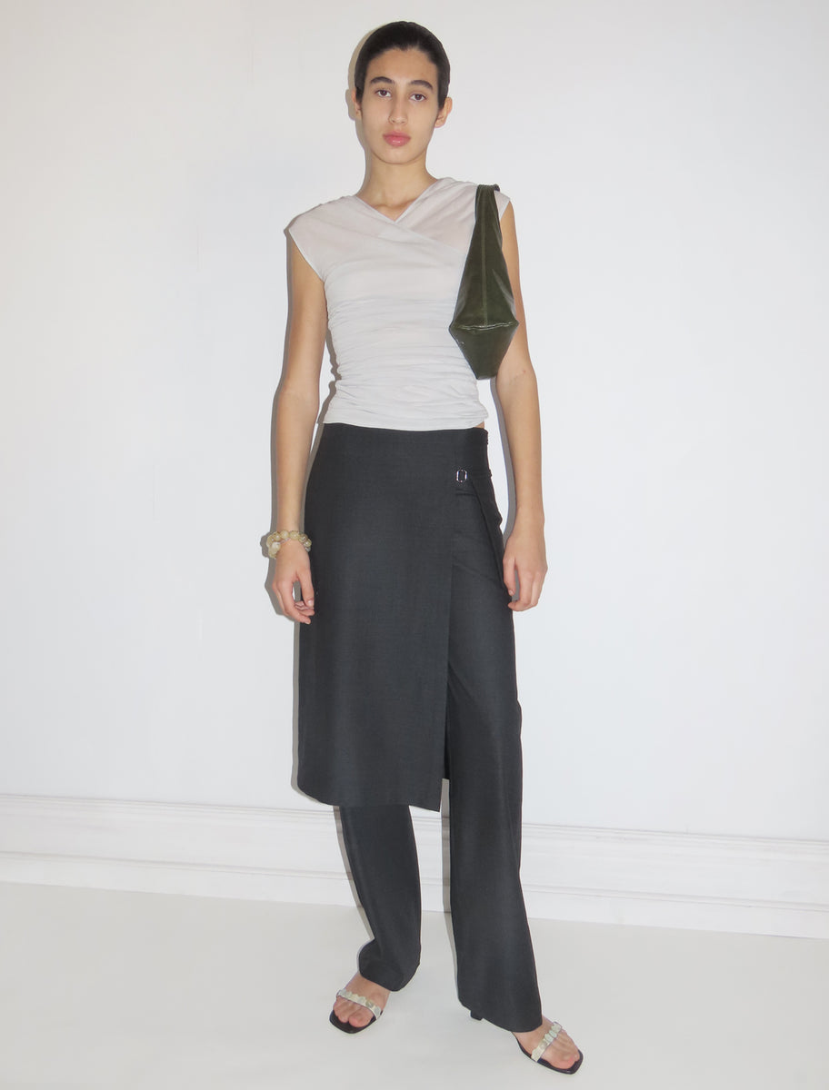 LOW ARCHIVE-Grey straight leg pants with overlapping long fixed skirt