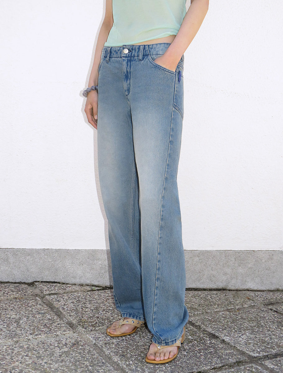 ULSAN-Relaxed fit, washed denim pants with forward seams and offset ...
