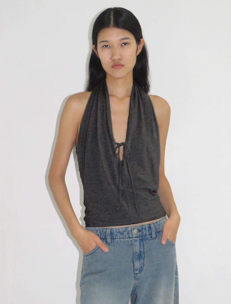 SAPITO-Dark grey slightly sheer halter top with front lacing