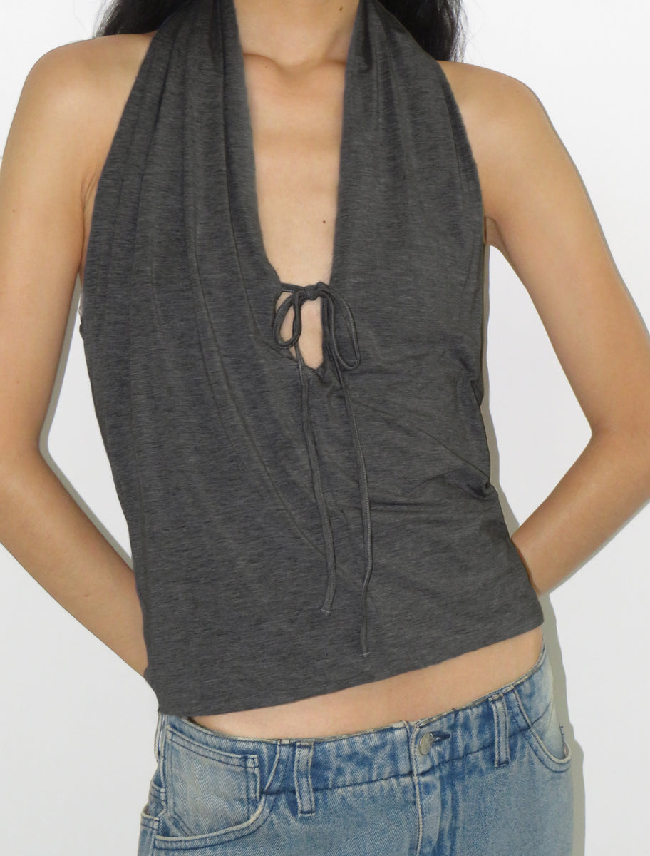 SAPITO-Dark grey slightly sheer halter top with front lacing