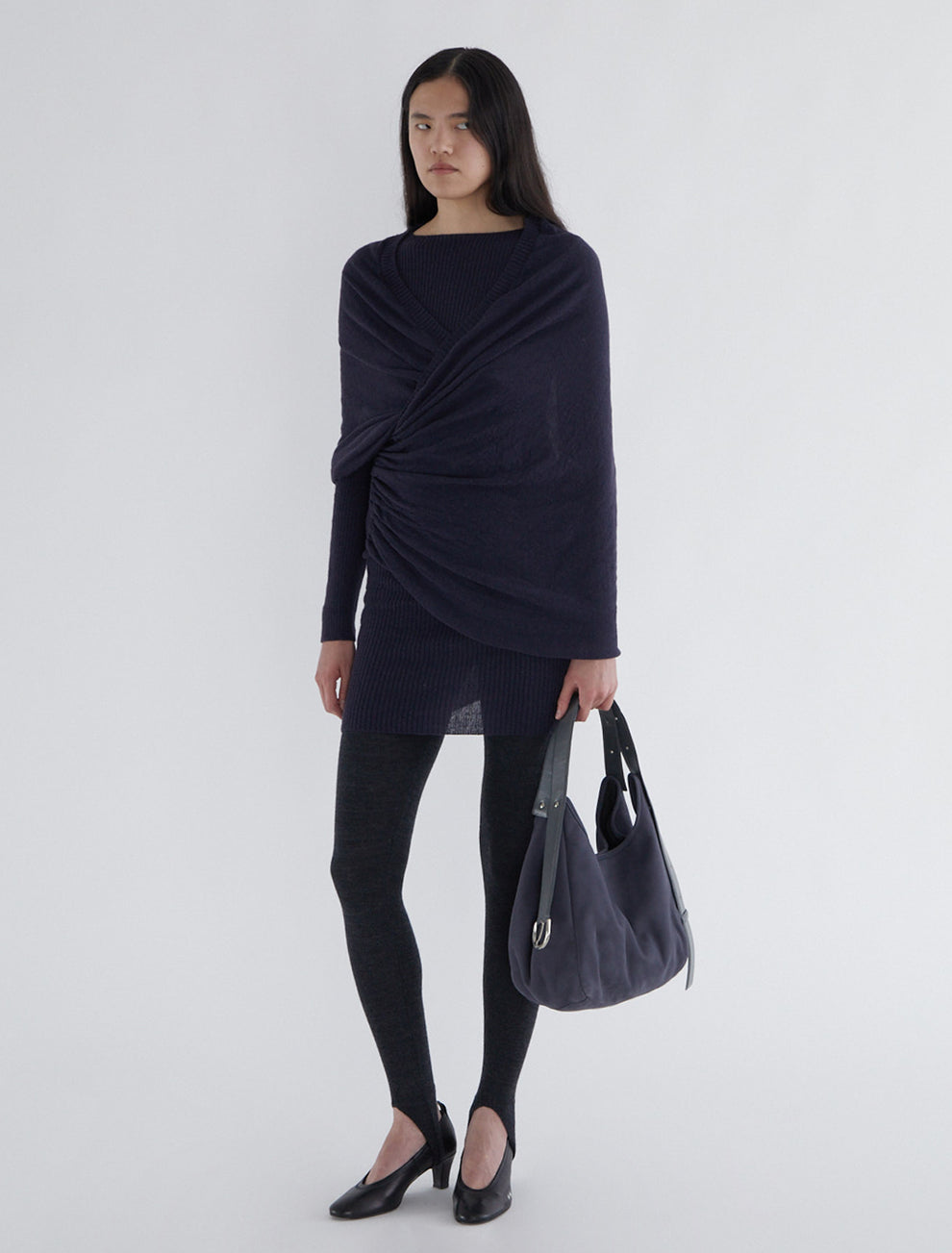 EMILIE BAG-Navy bucket bag featuring a belt-inspired handle design ...