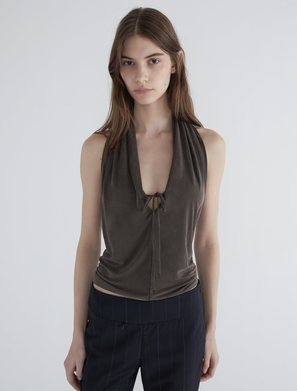 SAPITO-Dark brown slightly sheer halter top with front lacing – paloma wool