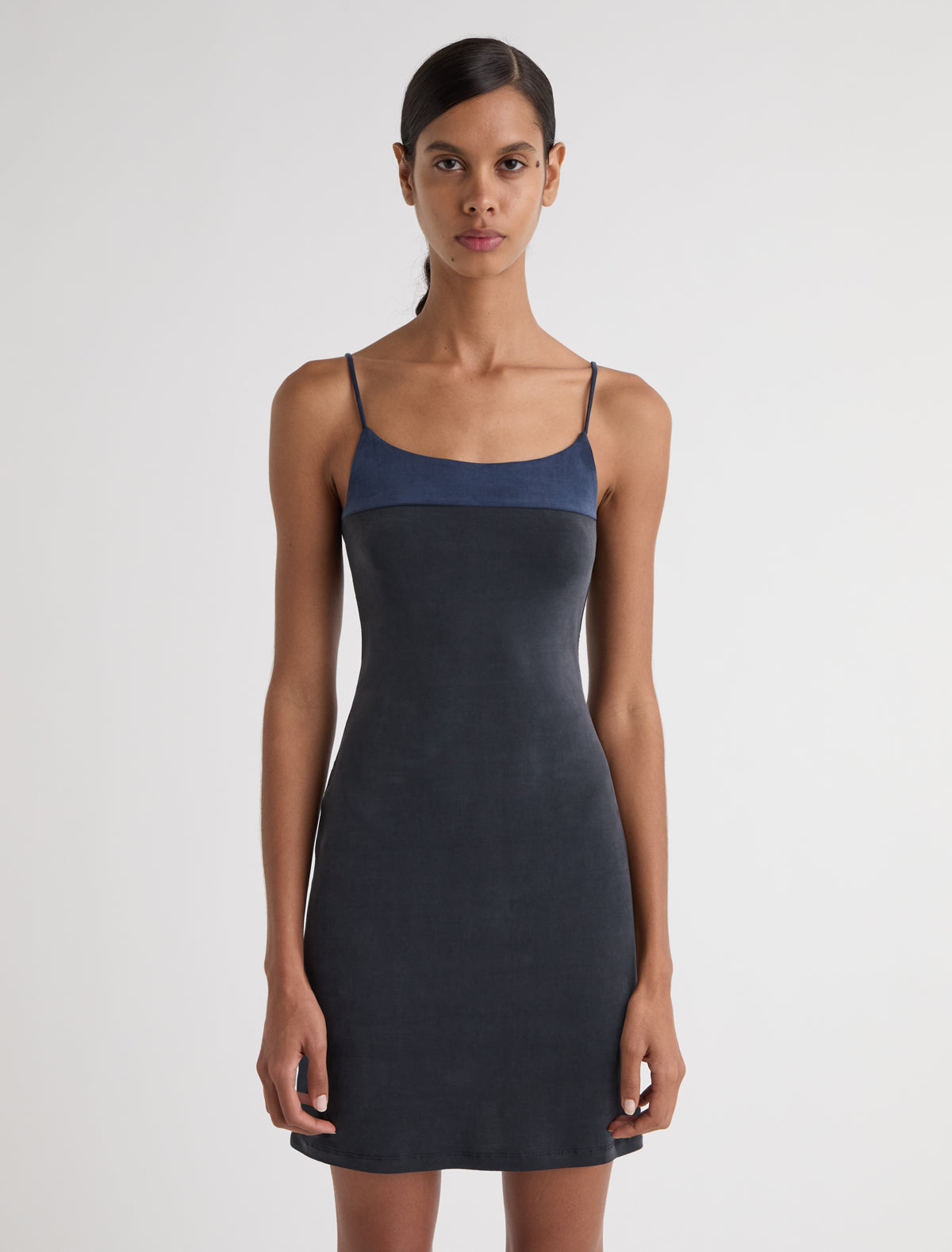 ZUNO DRESS-Navy short strappy cupro dress with a contrasting panel at ...