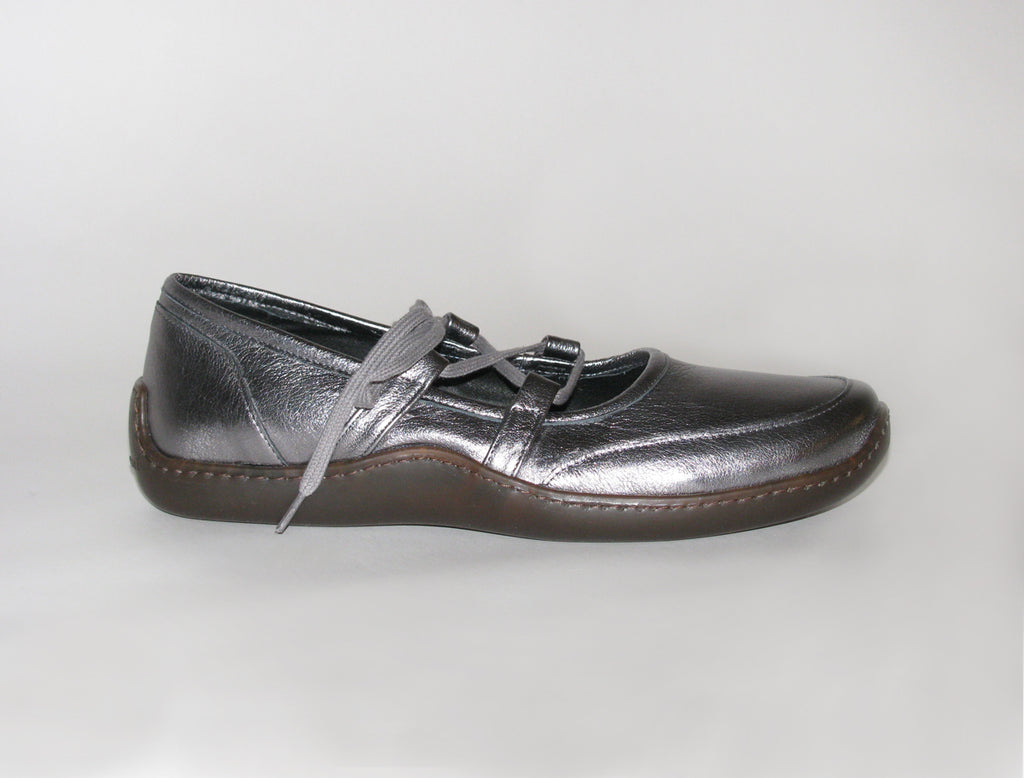 001KM-Silver rubber sole leather ballerina with drawstring closure